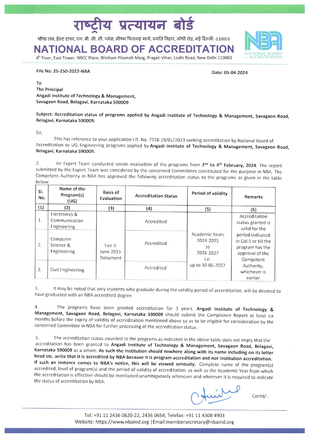 NBA – ANGADI INSTITUTE OF TECHNOLOGY AND MANAGEMENT